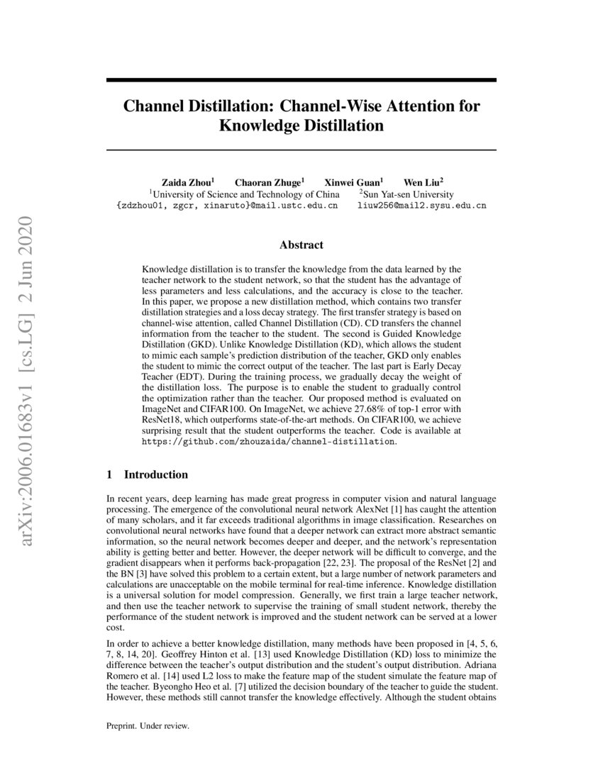 Channel Distillation: Channel-Wise Attention for Knowledge Distillation | DeepAI