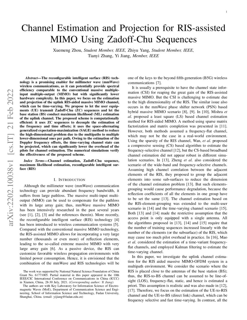 Channel Estimation and Projection for RIS-assisted MIMO Using Zadoff-Chu Sequences | DeepAI