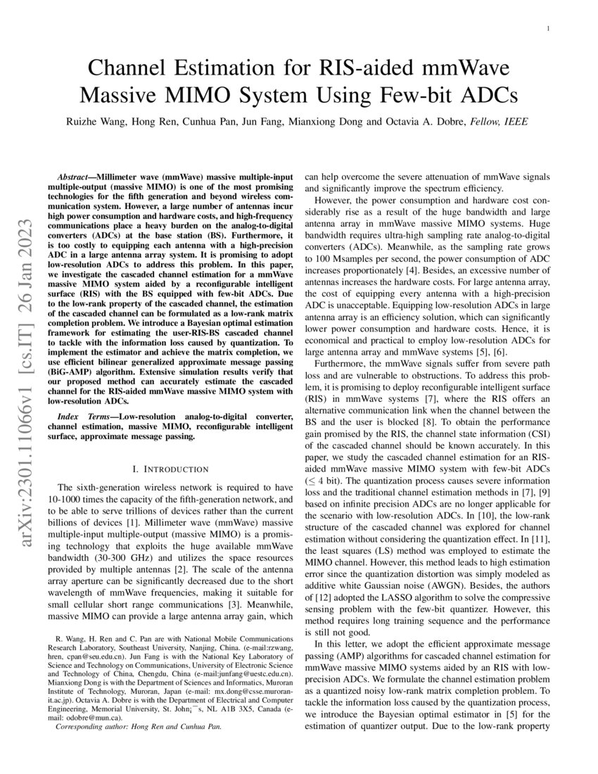 Channel Estimation for RIS-aided mmWave Massive MIMO System Using Few-bit ADCs | DeepAI