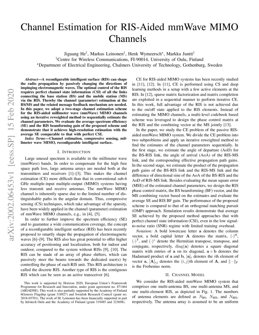 Channel Estimation for RIS-Aided mmWave MIMO Channels | DeepAI
