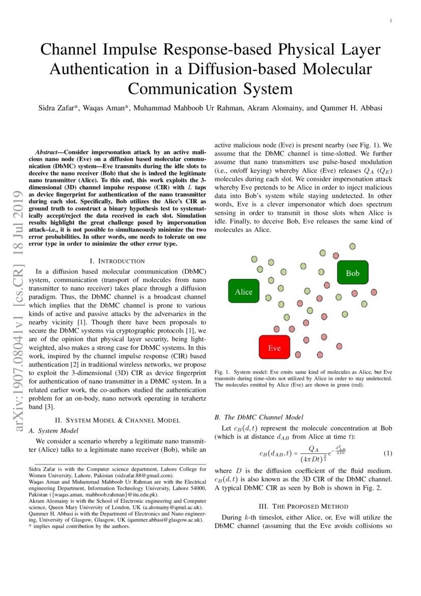 Channel Impulse Response-based Physical Layer Authentication in a Diffusion-based Molecular ...