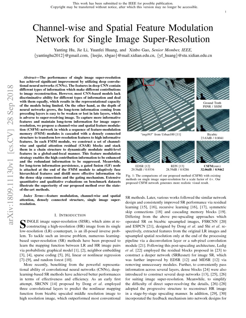 Channel-wise and Spatial Feature Modulation Network for Single Image Super-Resolution | DeepAI