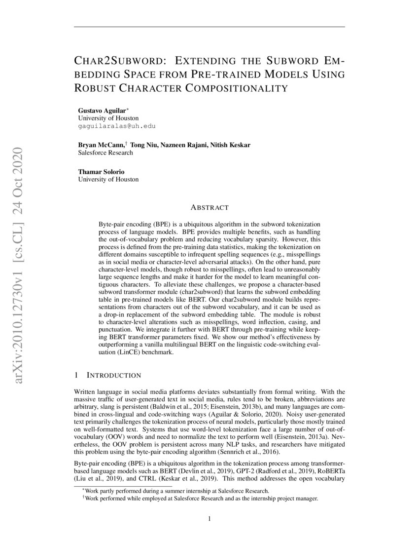 Char2Subword: Extending the Subword Embedding Space from Pre-trained Models Using Robust ...