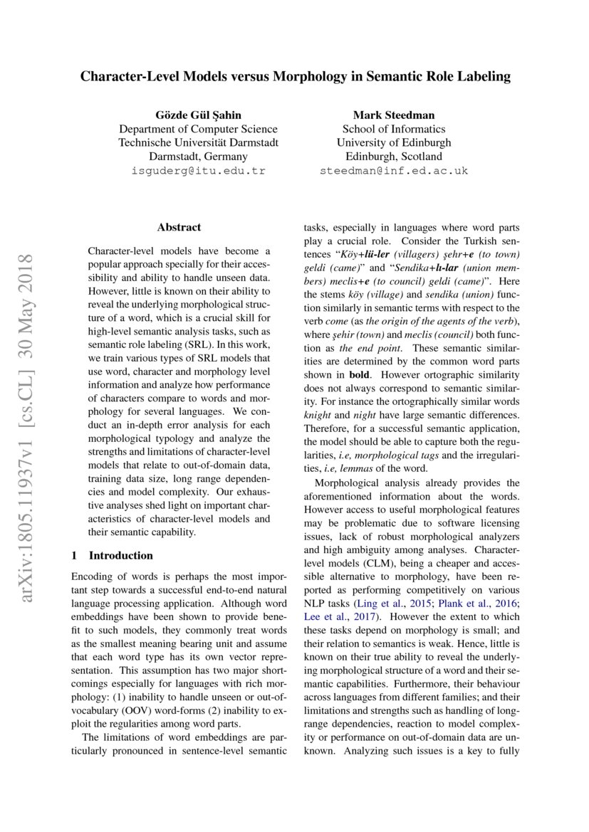 Character Level Models Versus Morphology In Semantic Role Labeling Deepai