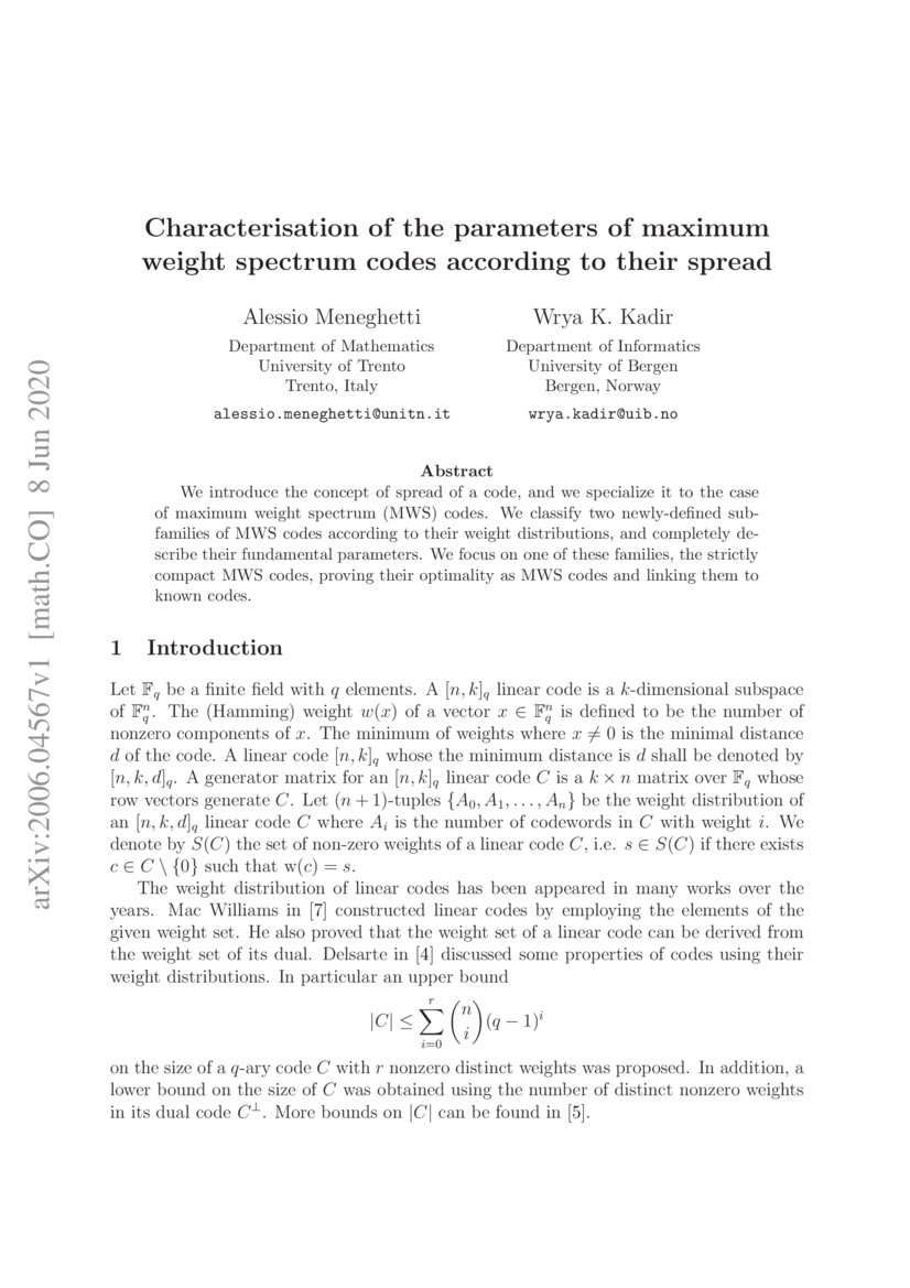 Characterisation of the parameters of maximum weight spectrum codes ...