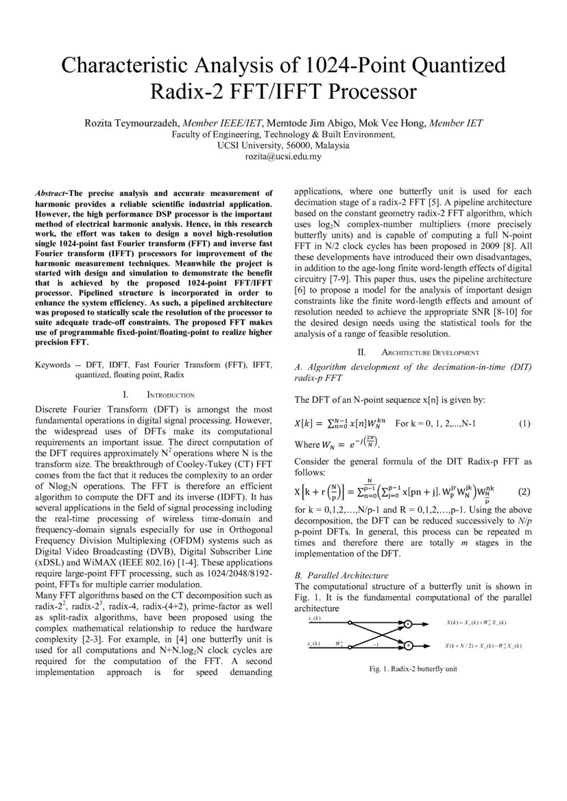 Characteristic Analysis of 1024-Point Quantized Radix-2 FFT/IFFT Processor | DeepAI