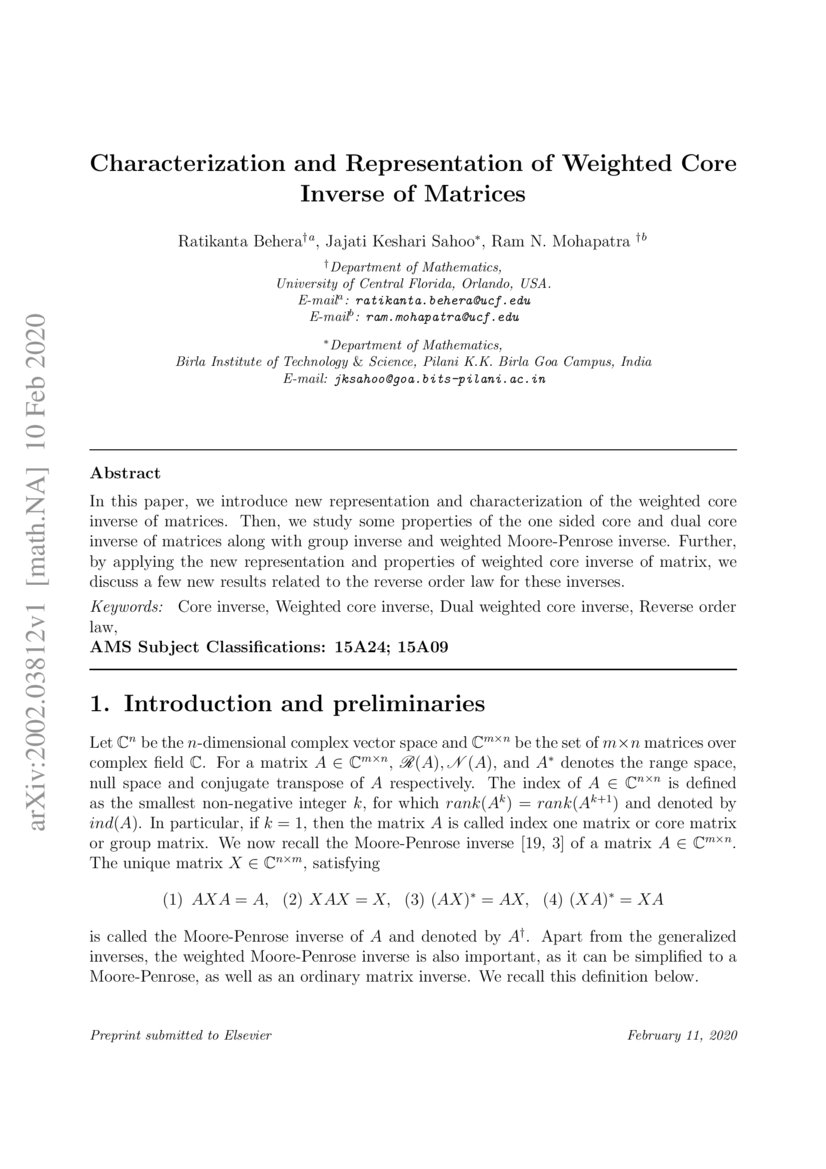 Characterization and Representation of Weighted Core Inverse of Matrices | DeepAI