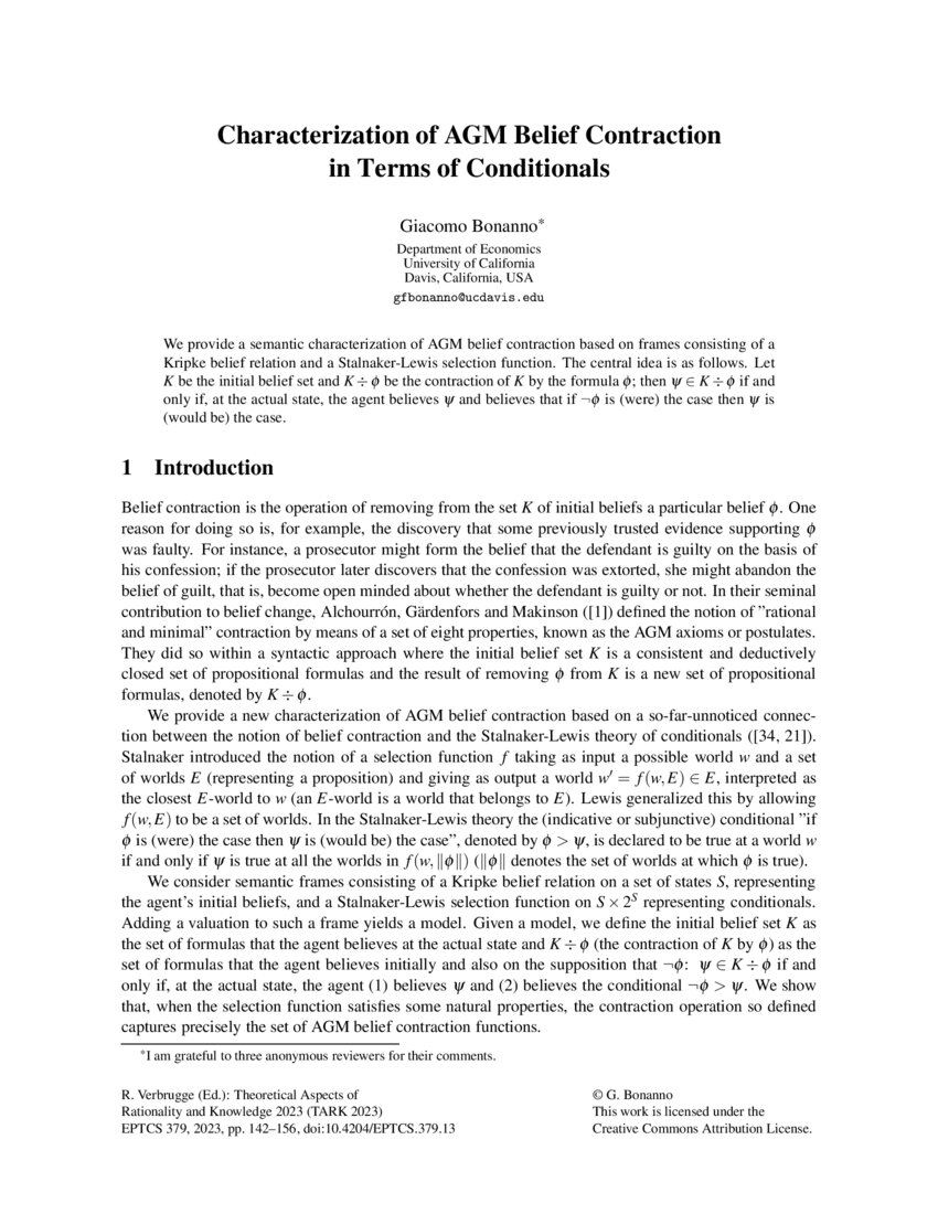 Characterization of AGM Belief Contraction in Terms of Conditionals | DeepAI