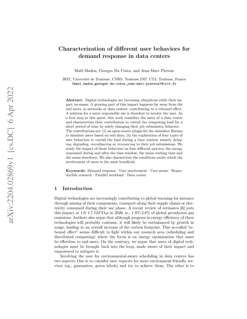 Characterization of different user behaviors for demand response in data centers | DeepAI