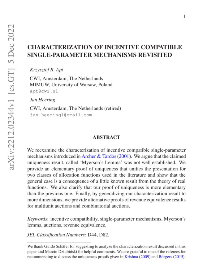 Characterization of incentive compatible single-parameter mechanisms revisited | DeepAI