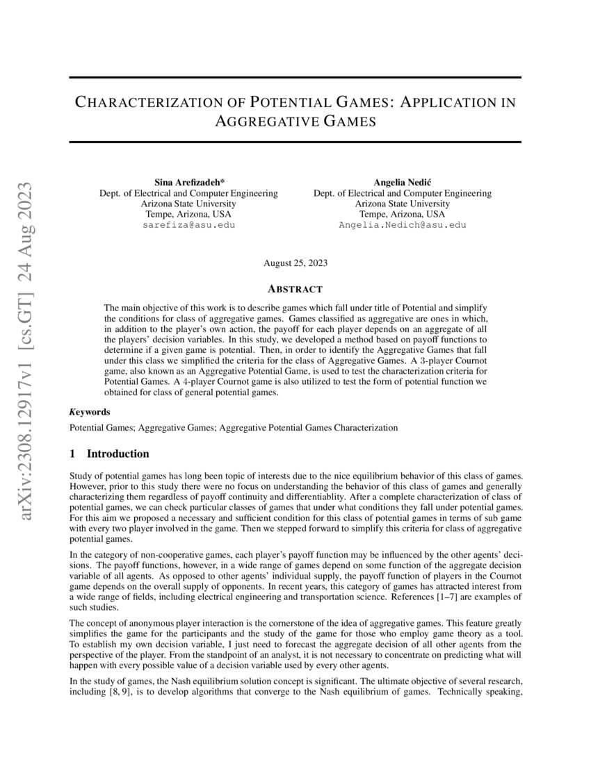 Characterization Of Potential Games Application In Aggregative Games Deepai