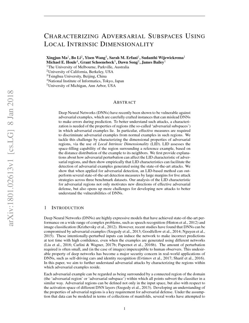 Characterizing Adversarial Subspaces Using Local Intrinsic Dimensionality | DeepAI