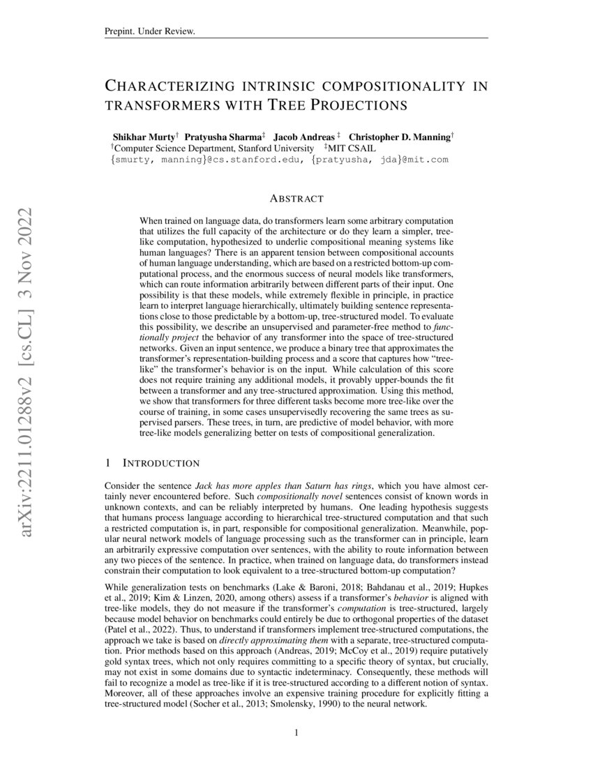 Characterizing Intrinsic Compositionality in Transformers with Tree Projections | DeepAI