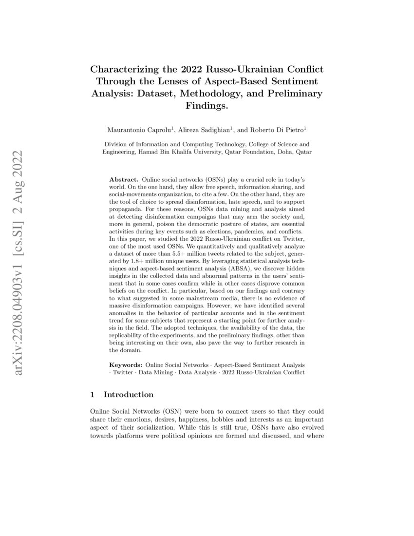 Characterizing The 2022 Russo Ukrainian Conflict Through The Lenses Of