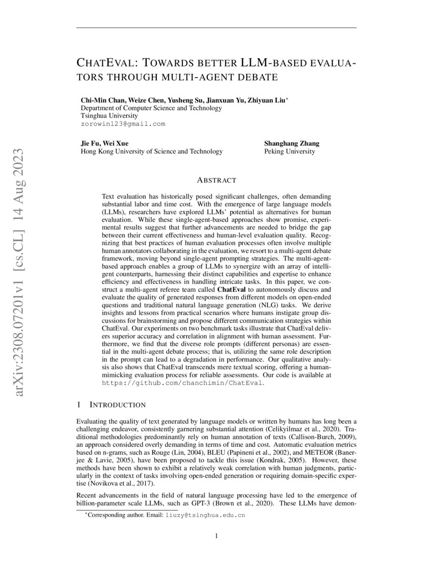 ChatEval: Towards Better LLM-based Evaluators through Multi-Agent Debate | DeepAI