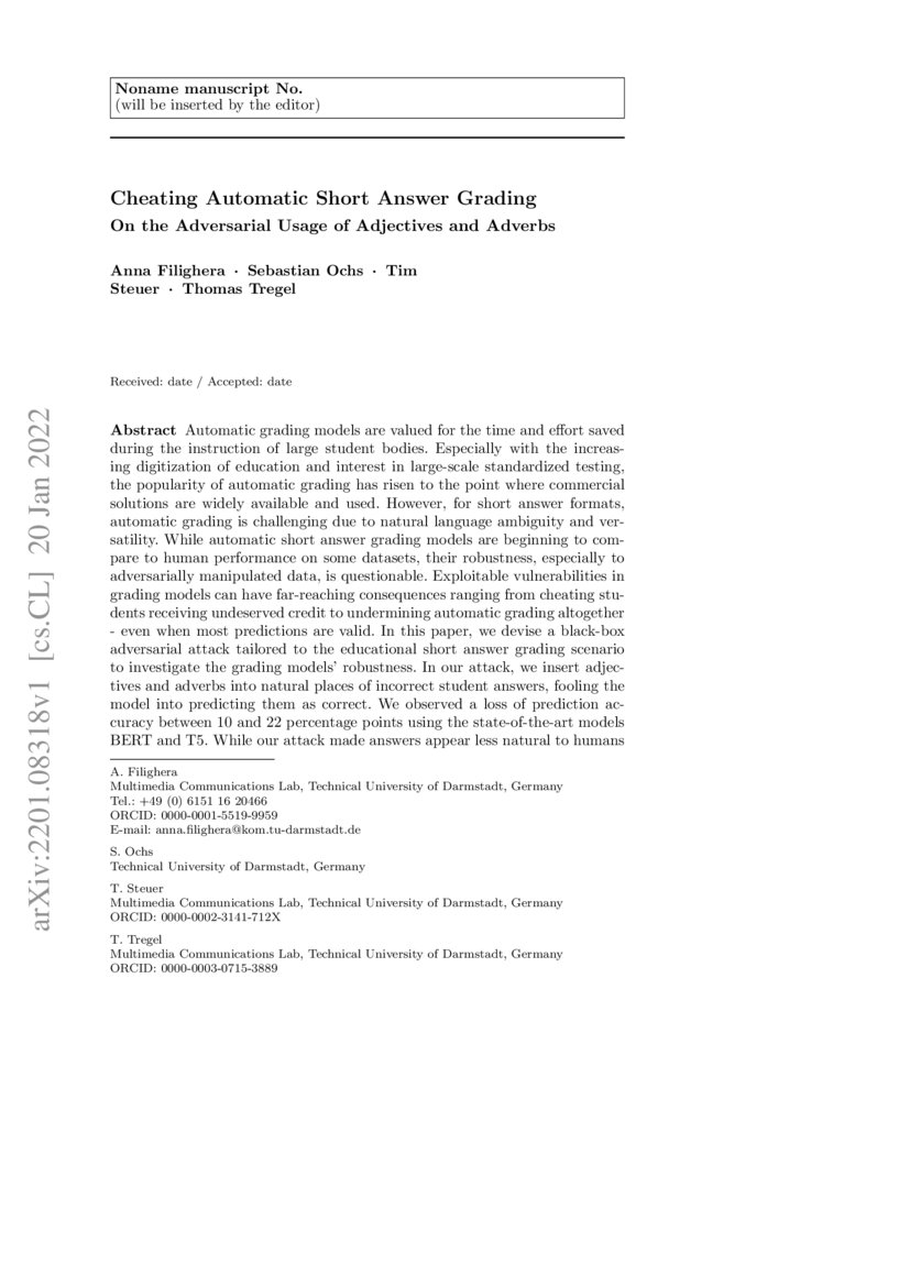 Cheating Automatic Short Answer Grading: On the Adversarial Usage of ...