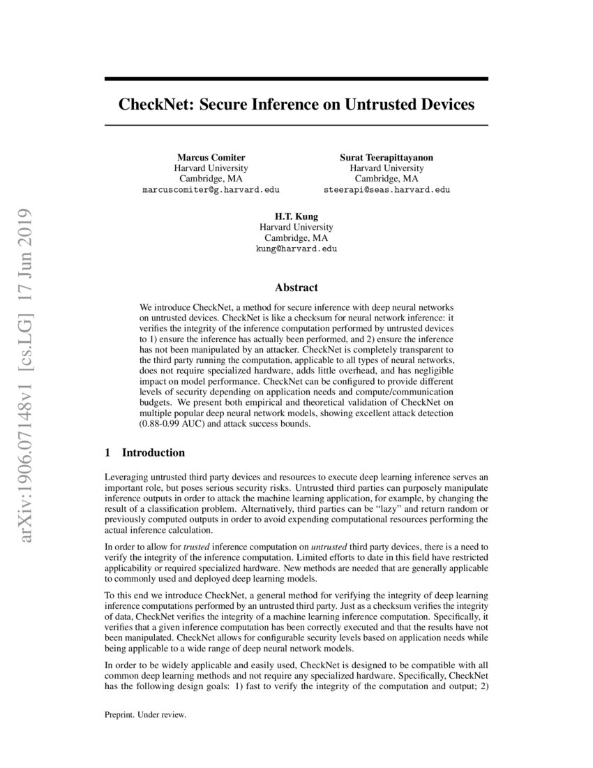 CheckNet: Secure Inference on Untrusted Devices | DeepAI