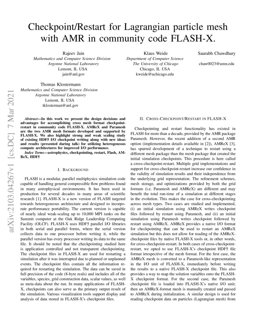 Checkpoint/Restart for Lagrangian particle mesh with AMR in community ...