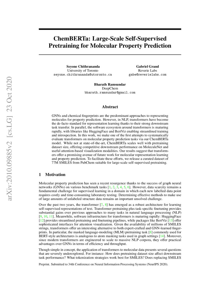 Chemberta Large Scale Self Supervised Pretraining For Molecular Property Prediction Deepai