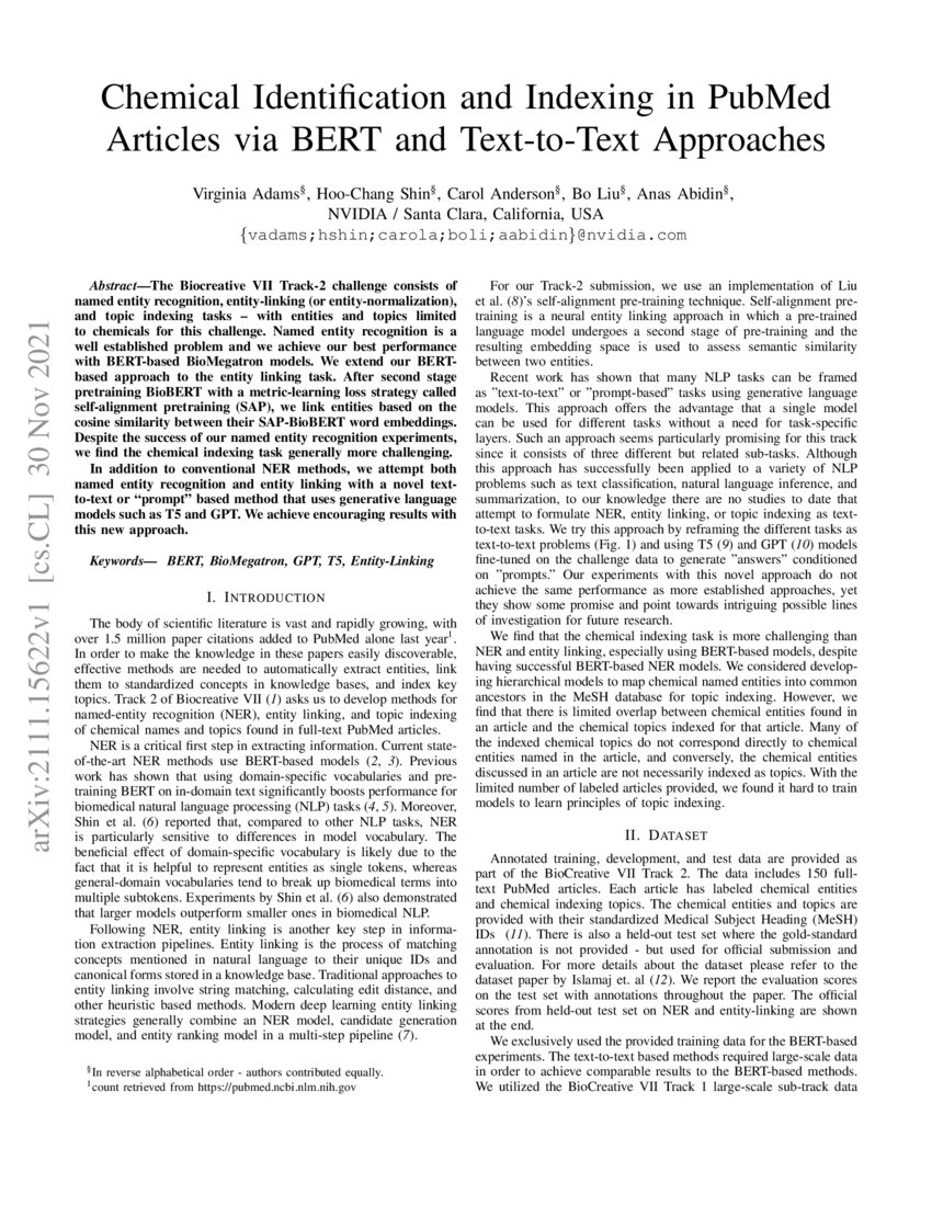 Chemical Identification and Indexing in PubMed Articles via BERT and ...