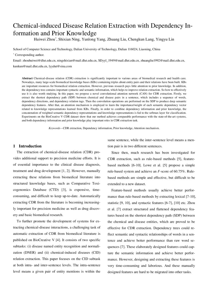 Chemical Induced Disease Relation Extraction With Dependency Information And Prior Knowledge