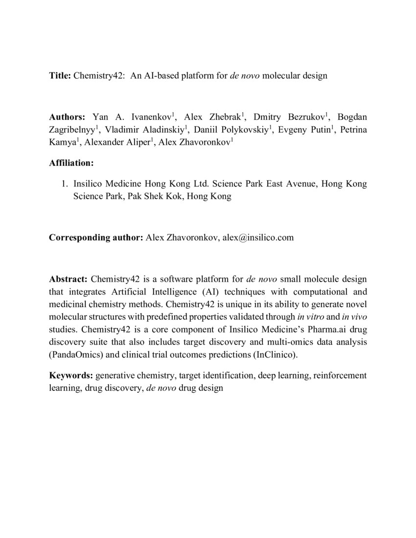 Chemistry42: An AI-based platform for de novo molecular design | DeepAI