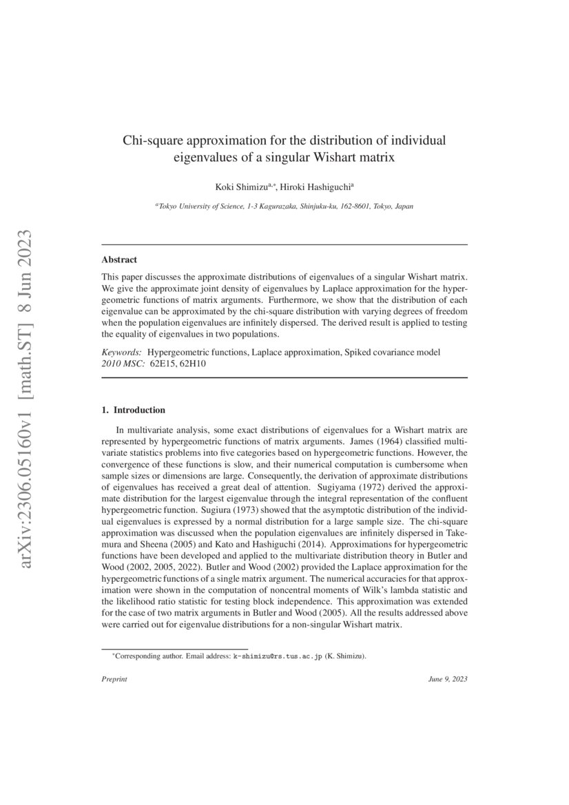 Chi Square Approximation For The Distribution Of Individual Eigenvalues