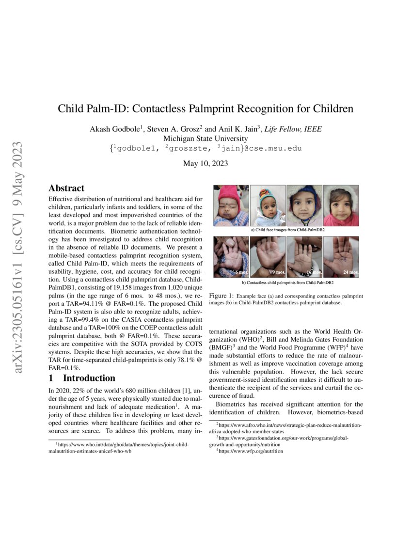 Child Palm-ID: Contactless Palmprint Recognition for Children | DeepAI