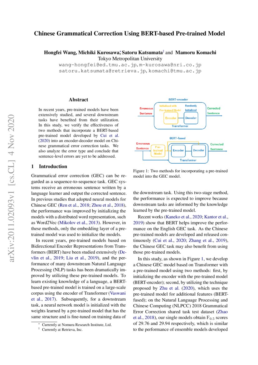 Chinese Grammatical Correction Using BERT-based Pre-trained Model | DeepAI Chinese Grammatical Correction Using BERT-based Pre-trained Model | DeepAI