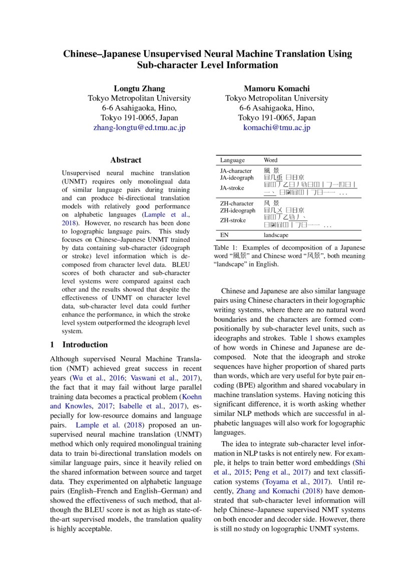 Chinese-Japanese Unsupervised Neural Machine Translation Using Sub-character Level Information ...