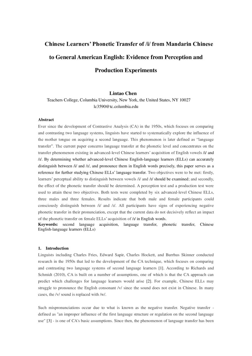 Chinese Learners' Phonetic Transfer of /i/ from Mandarin Chinese to ...