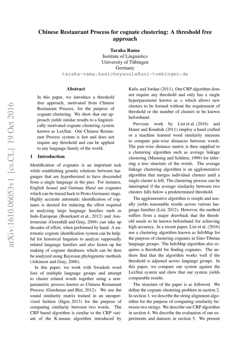 Chinese Restaurant Process for cognate clustering: A threshold free ...