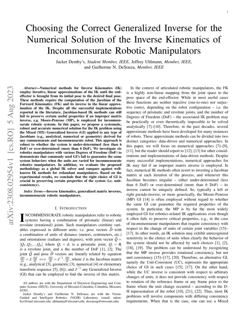 Choosing The Correct Generalized Inverse For The Numerical Solution Of The Inverse Kinematics Of