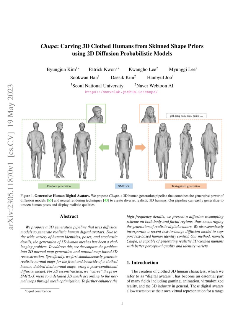 Chupa: Carving 3D Clothed Humans from Skinned Shape Priors using 2D ...