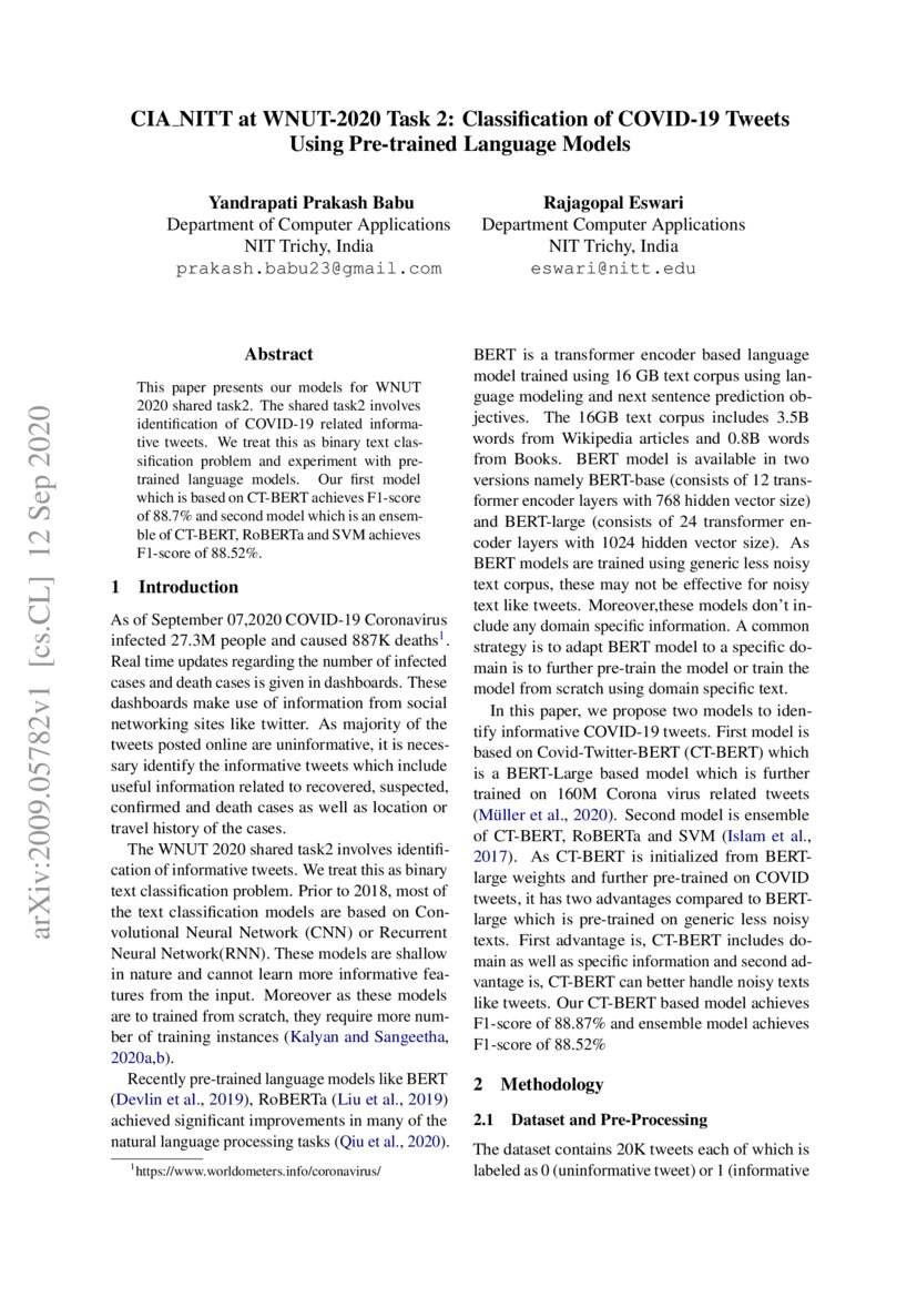 CIA_NITT at WNUT-2020 Task 2: Classification of COVID-19 Tweets Using ...