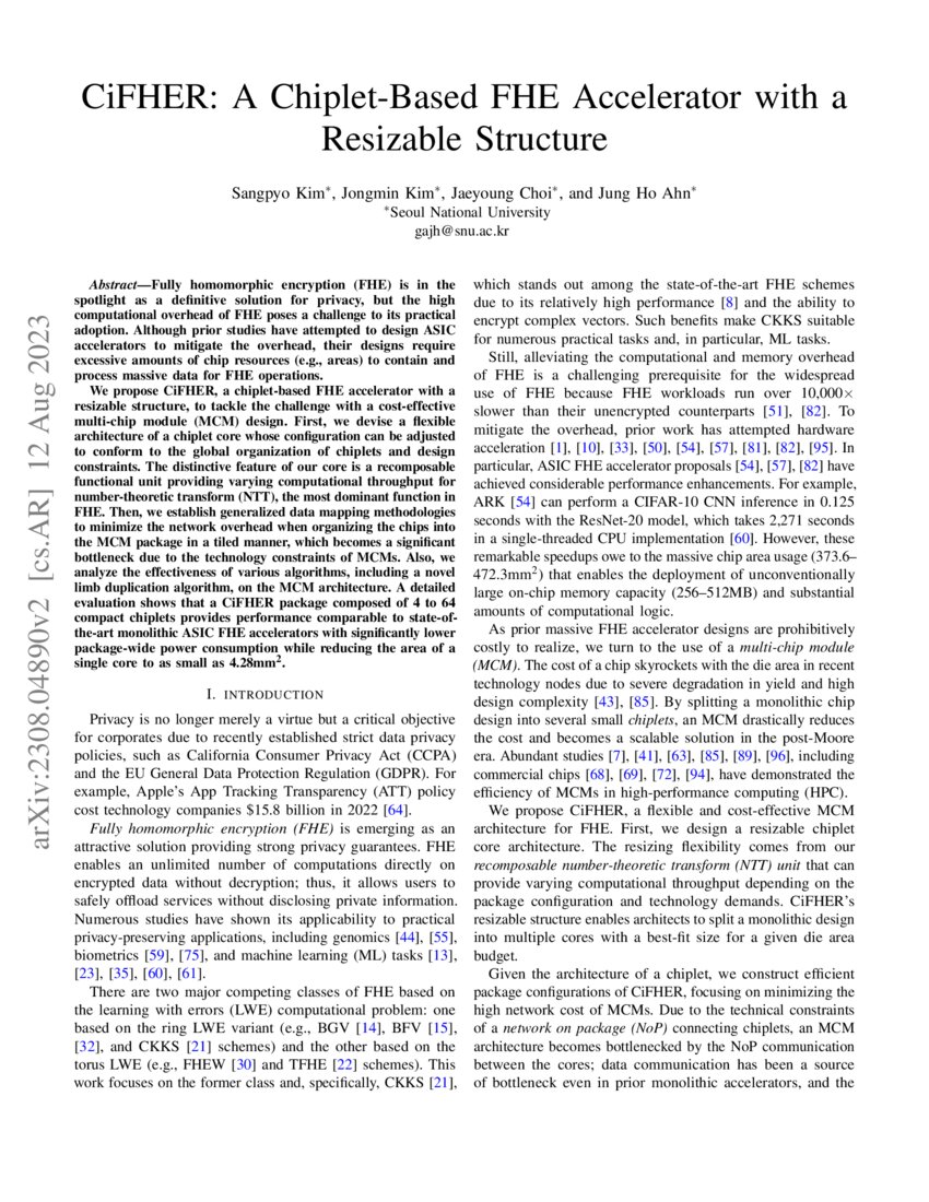 CiFHER: A Chiplet-Based FHE Accelerator with a Resizable Structure | DeepAI