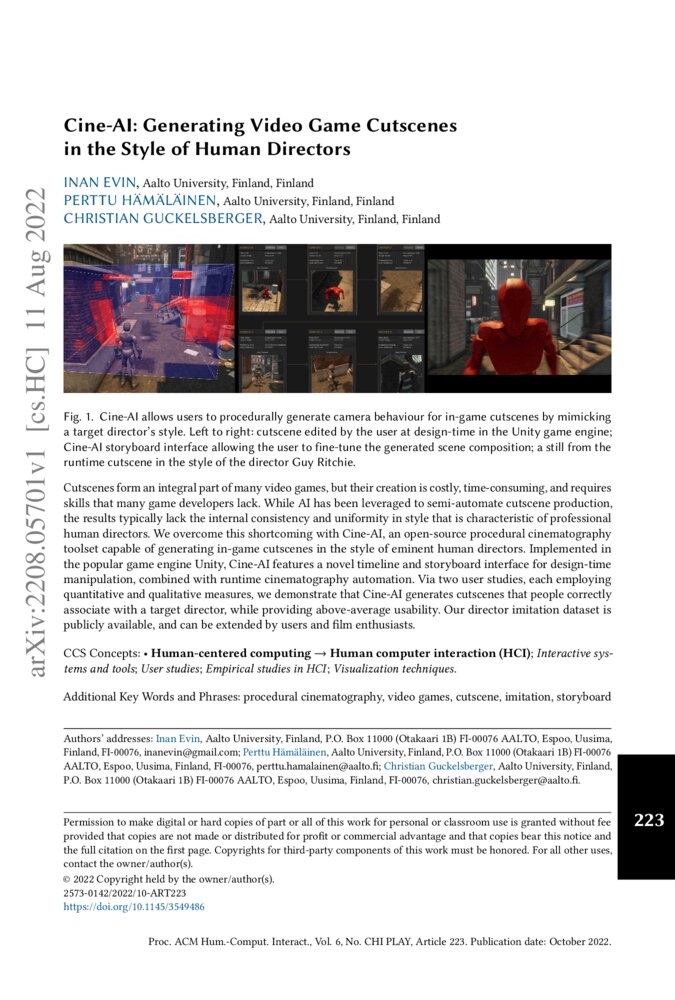 Cine-AI: Generating Video Game Cutscenes in the Style of Human ...