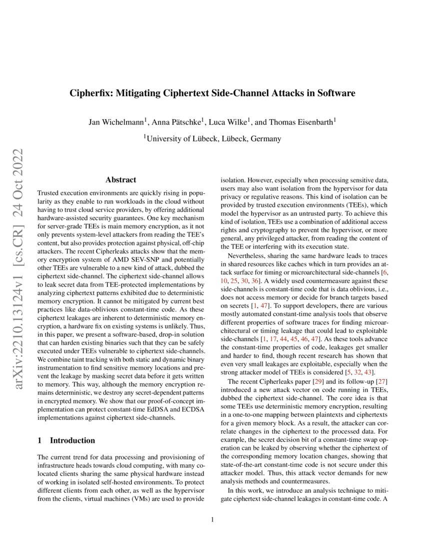 Cipherfix: Mitigating Ciphertext Side-Channel Attacks in Software | DeepAI Cipherfix: Mitigating Ciphertext Side-Channel Attacks in Software | DeepAI