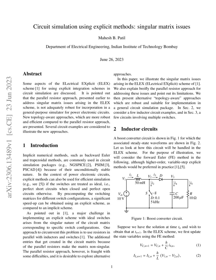 Circuit Simulation Using Explicit Methods Singular Matrix Issues Deepai