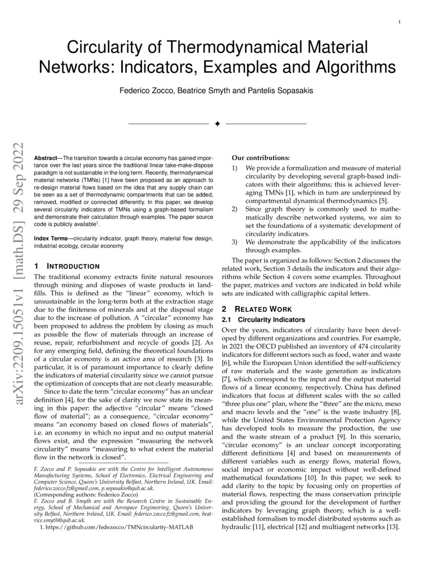 Circularity of Thermodynamical Material Networks: Indicators, Examples ...