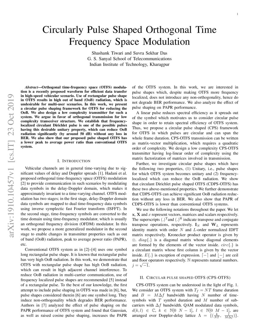 Circularly Pulse Shaped Orthogonal Time Frequency Space Modulation Deepai