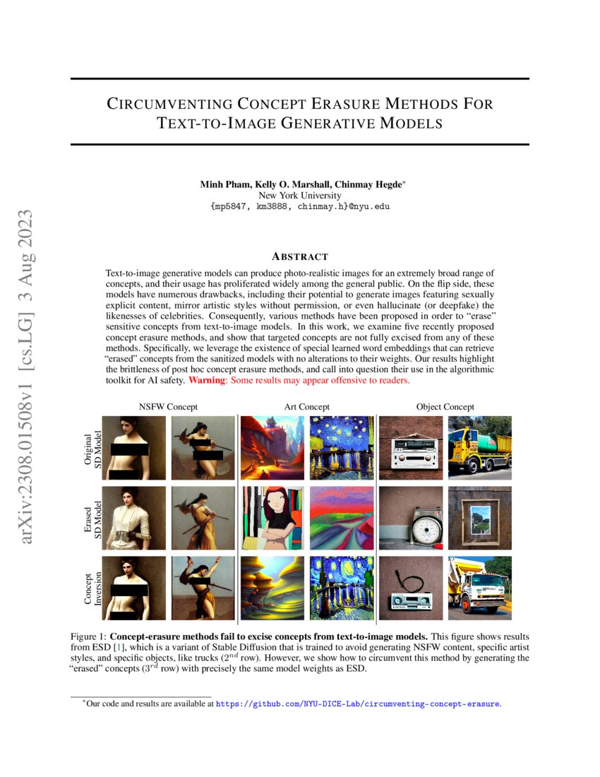 Circumventing Concept Erasure Methods For Text To Image Generative Models Deepai