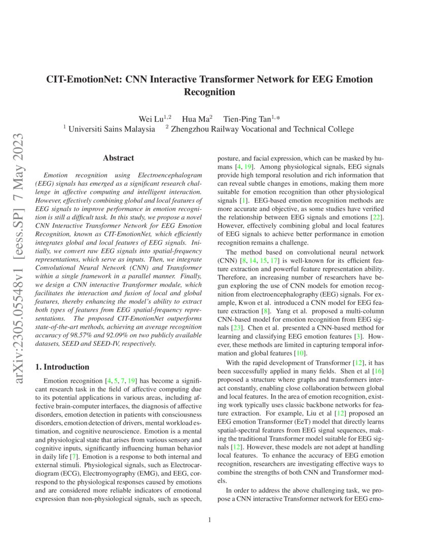 Cit Emotionnet Cnn Interactive Transformer Network For Eeg Emotion Recognition Deepai