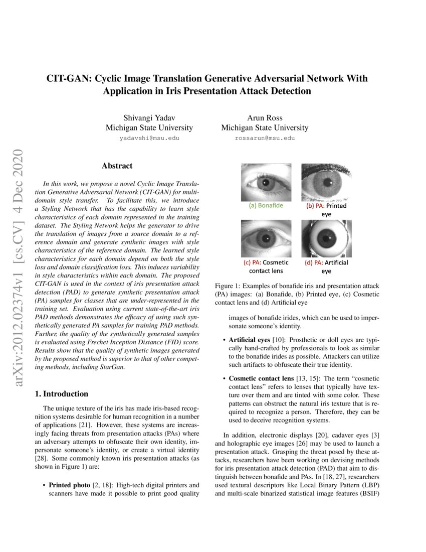 CIT-GAN: Cyclic Image Translation Generative Adversarial Network With Application in Iris ...
