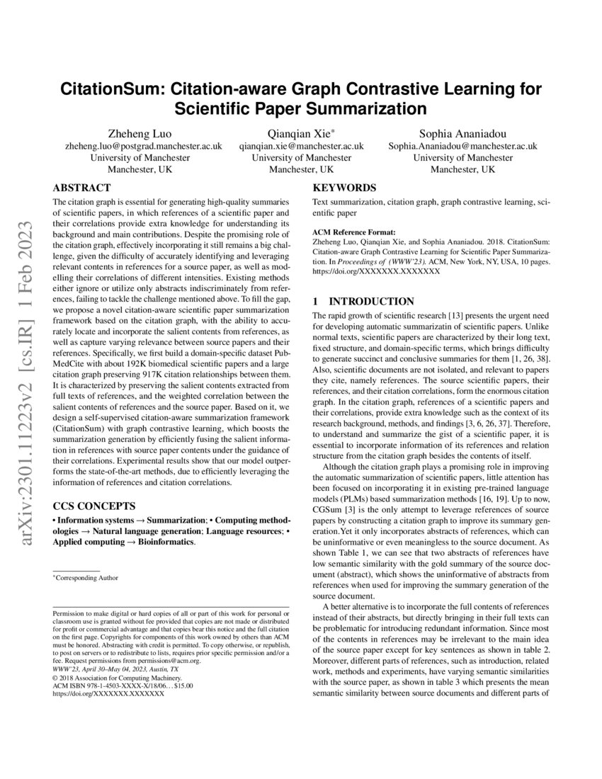 Citationsum Citation Aware Graph Contrastive Learning For Scientific Paper Summarization Deepai