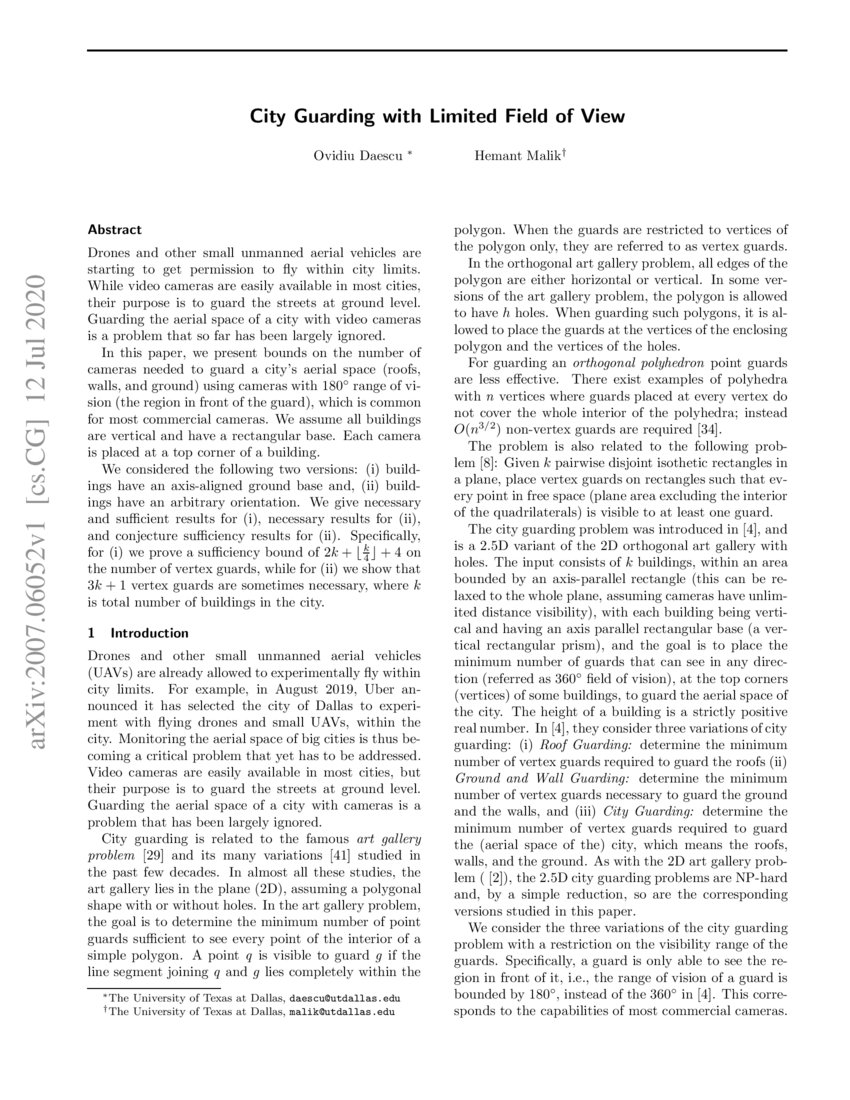 City Guarding with Limited Field of View | DeepAI