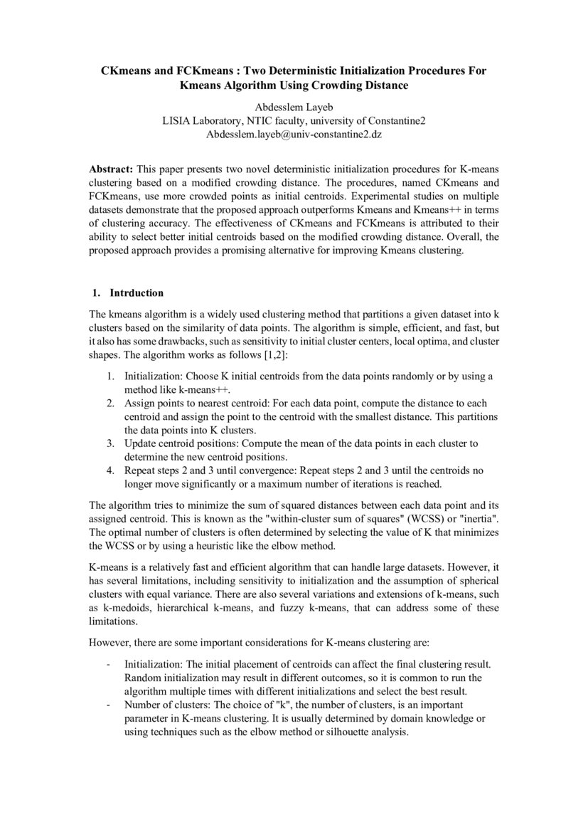 Ckmeans And Fckmeans Two Deterministic Initialization Procedures For Kmeans Algorithm Using