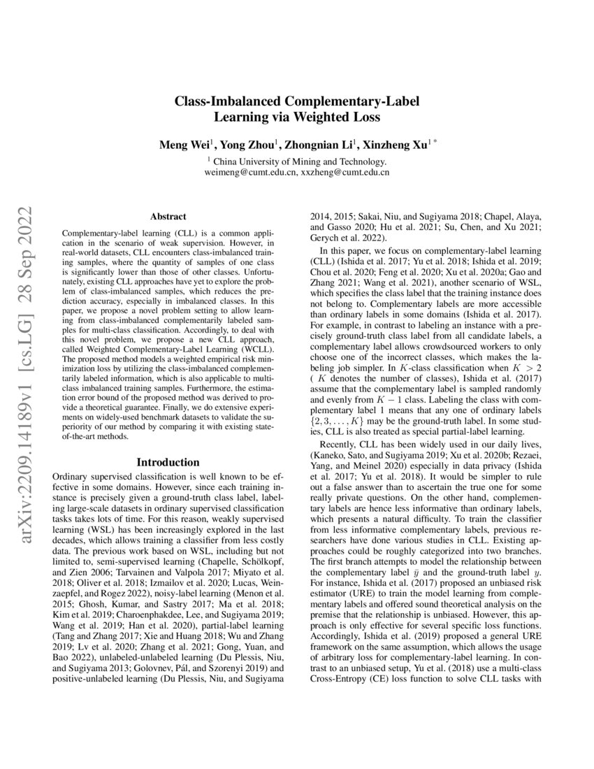 Class-Imbalanced Complementary-Label Learning via Weighted Loss | DeepAI