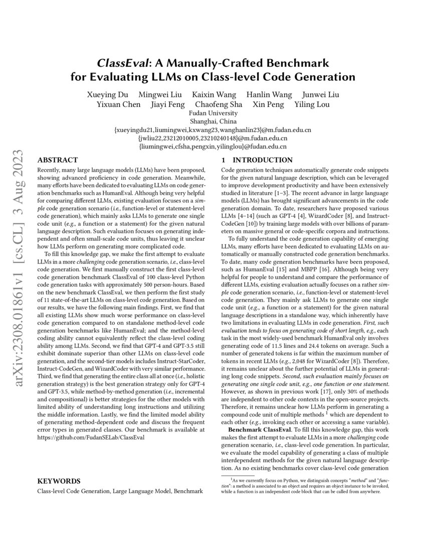 ClassEval: A Manually-Crafted Benchmark for Evaluating LLMs on Class ... ClassEval: A Manually-Crafted Benchmark for Evaluating LLMs on Class ...