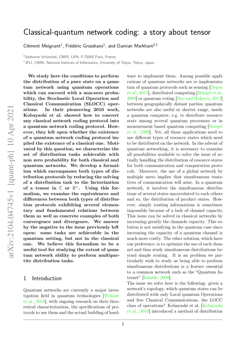 Classical-quantum network coding: a story about tensor | DeepAI